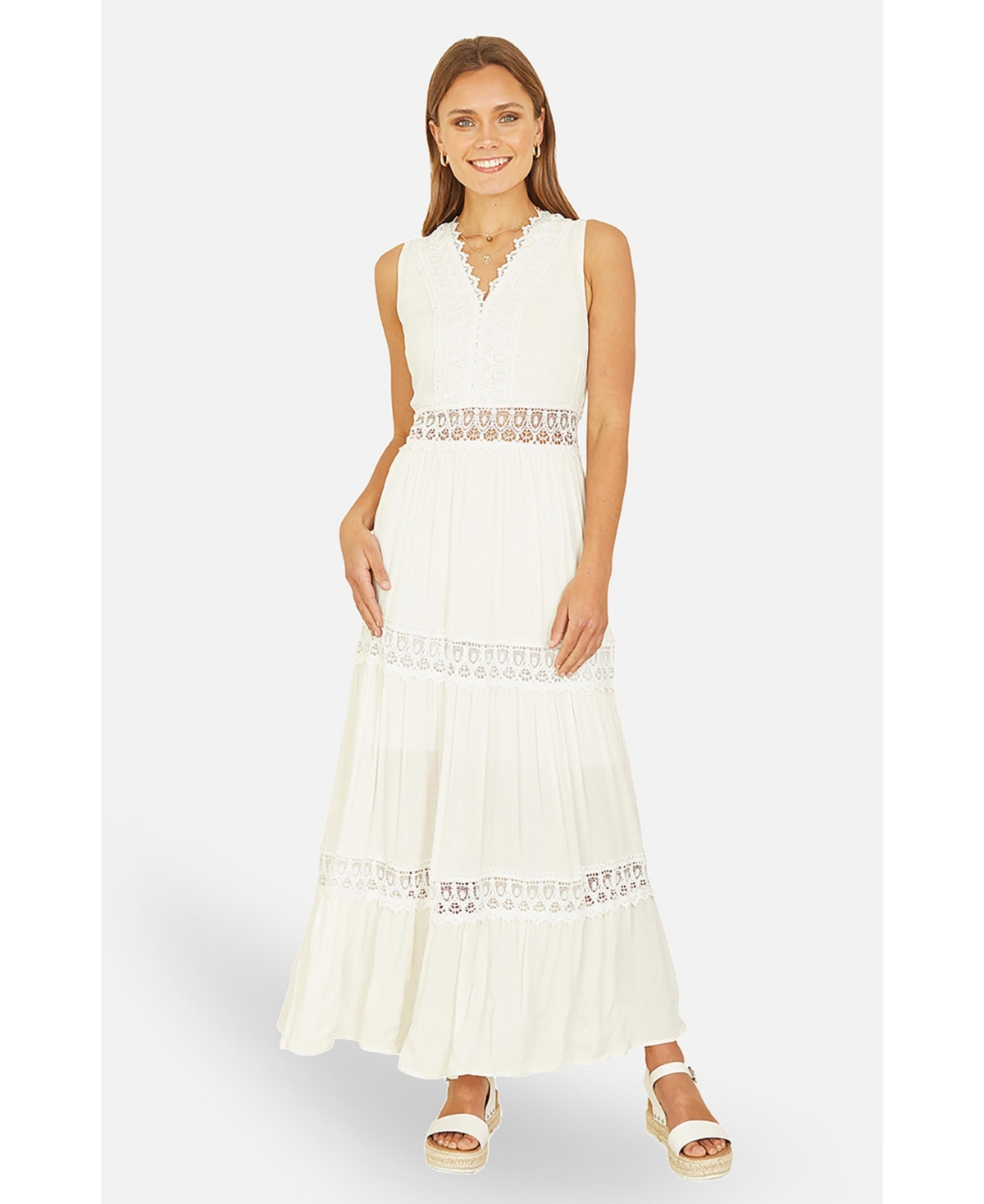 Click here for Yumi Womens Lace Trim Cotton Maxi Sun Dress - Whit... prices