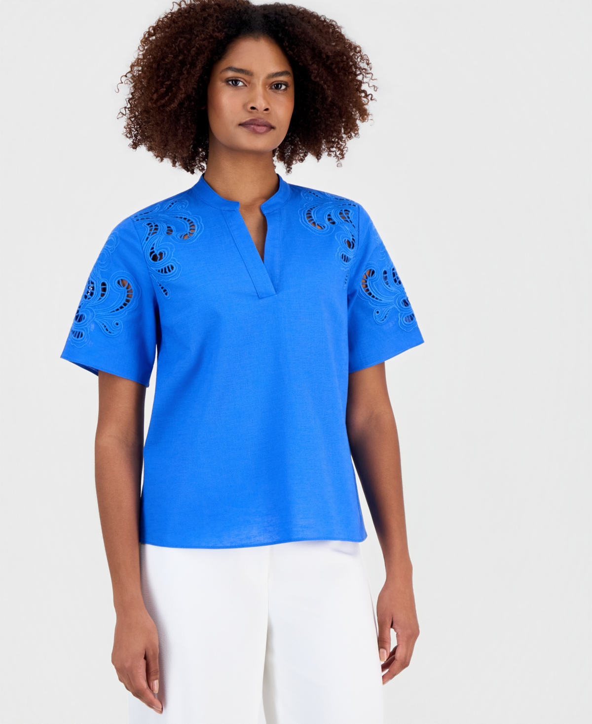 Click here for T Tahari Womens Embroidered Short-Sleeve Top - Spr... prices