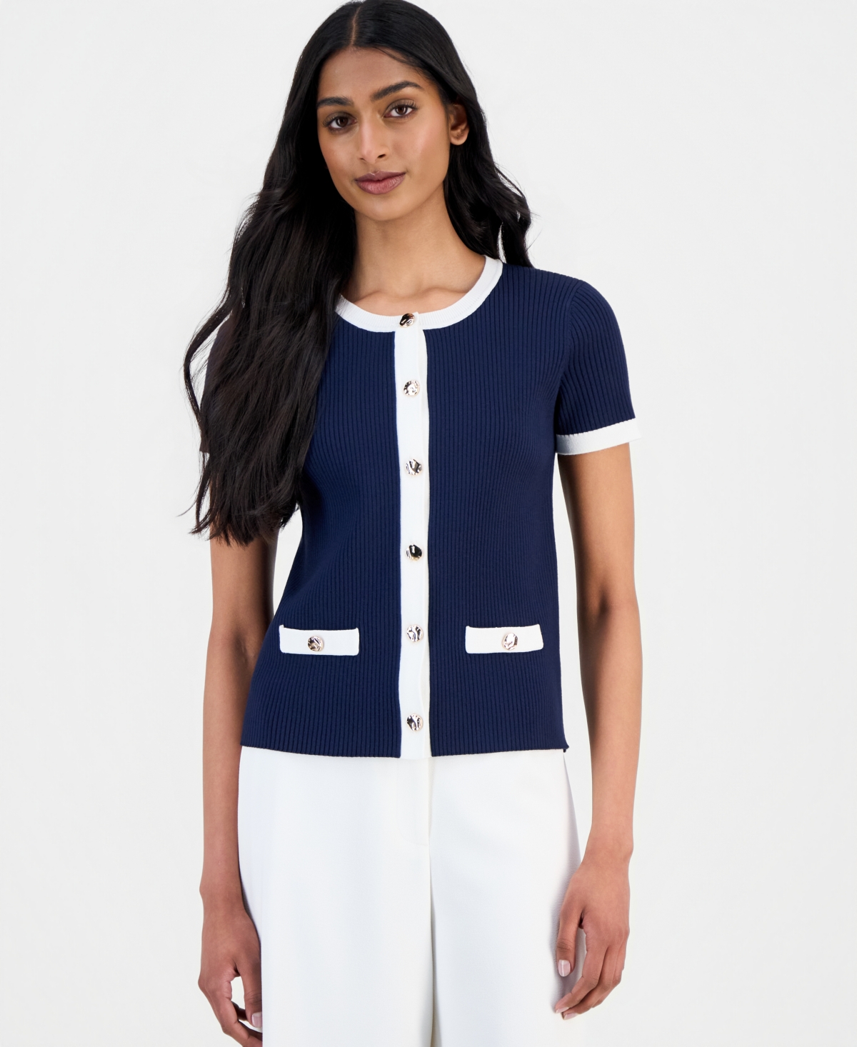 Click here for T Tahari Womens Ribbed Short-Sleeve Cardigan Sweat... prices