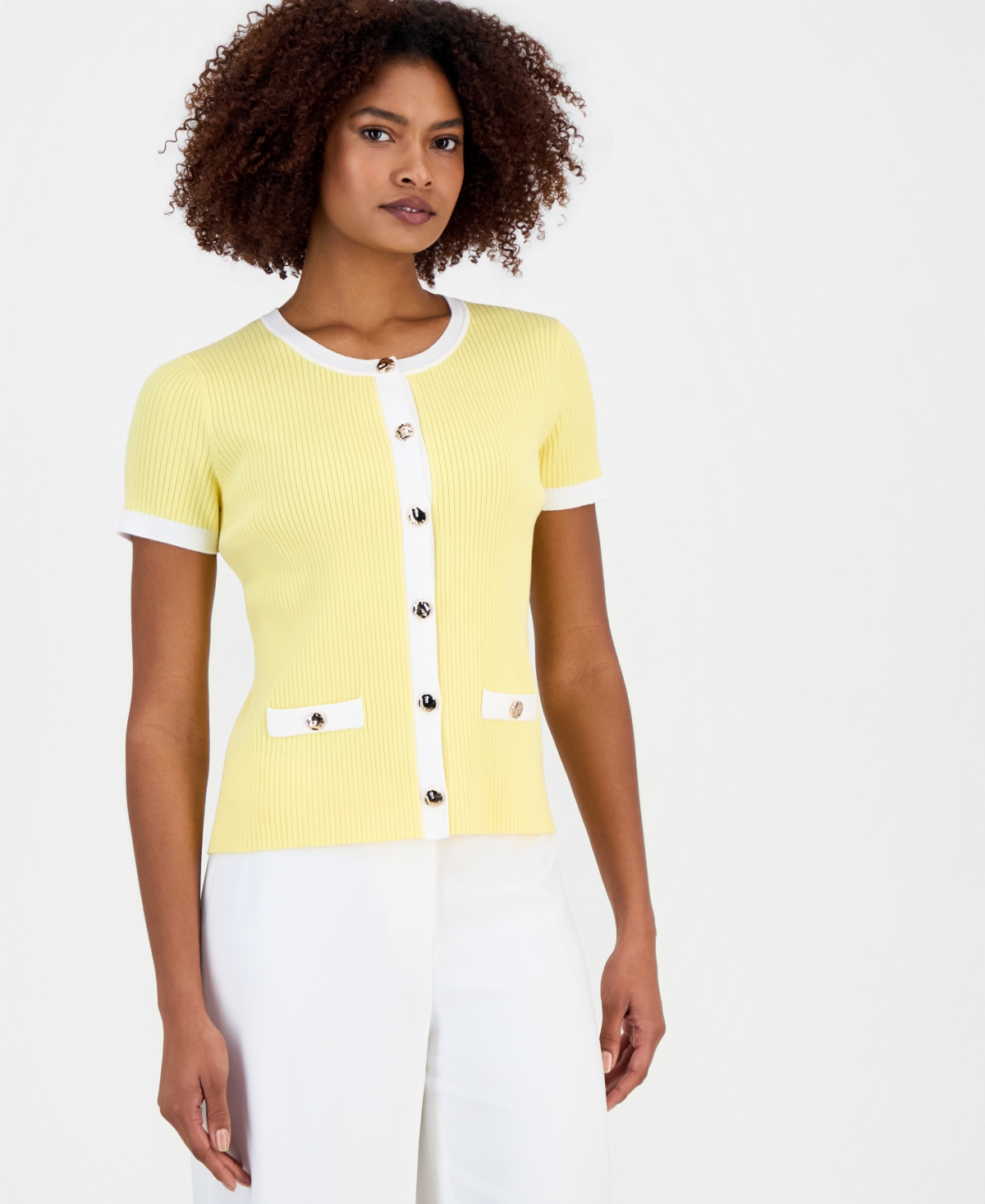 Click here for T Tahari Womens Ribbed Short-Sleeve Cardigan Sweat... prices