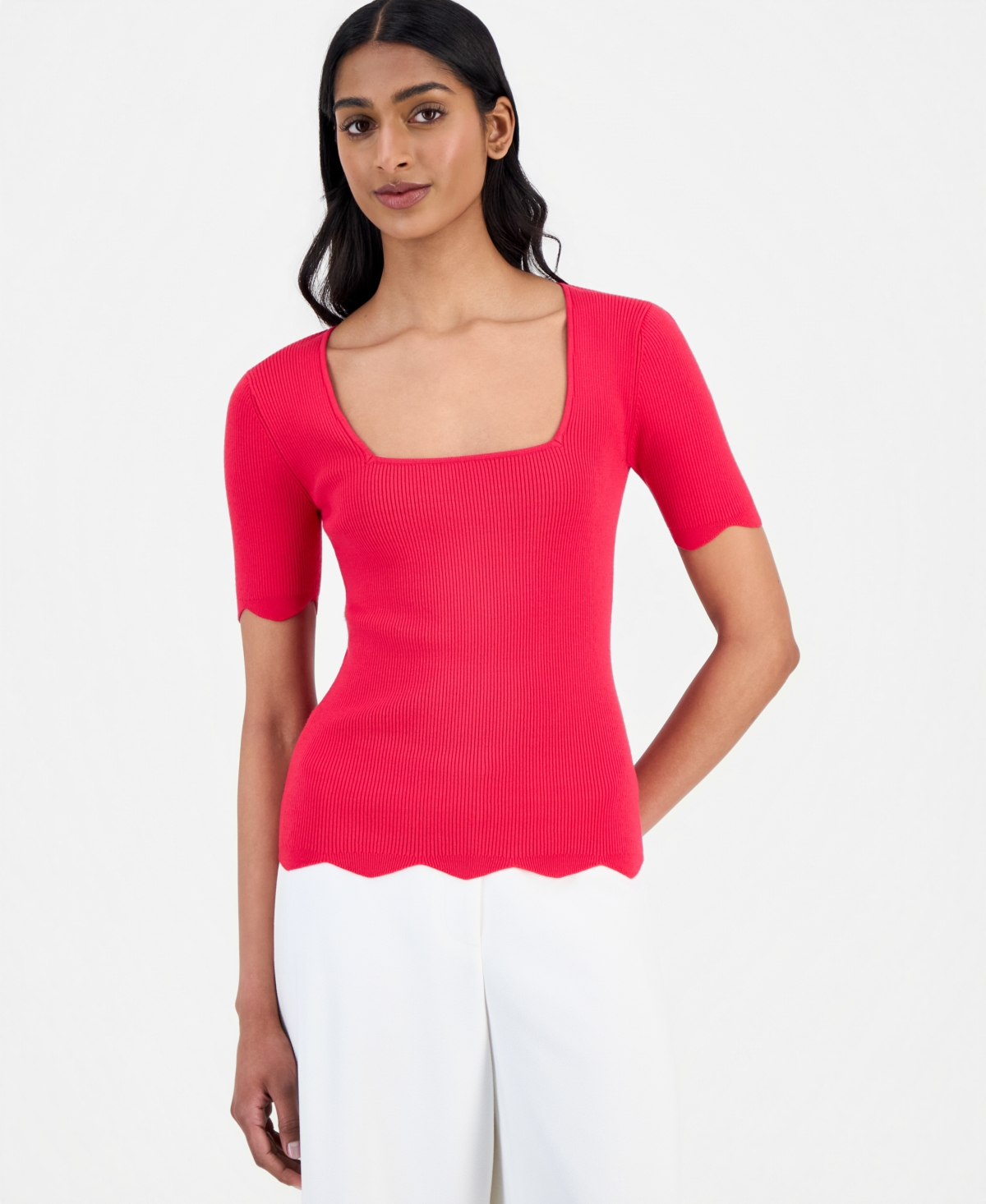 Click here for T Tahari Womens Square-Neck Scalloped-Edge Knit To... prices