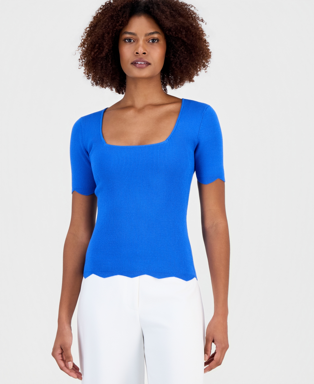 Click here for T Tahari Womens Square-Neck Scalloped-Edge Knit To... prices