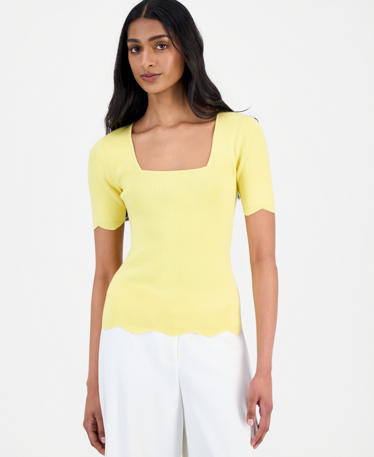 Click here for T Tahari Womens Square-Neck Scalloped-Edge Knit To... prices