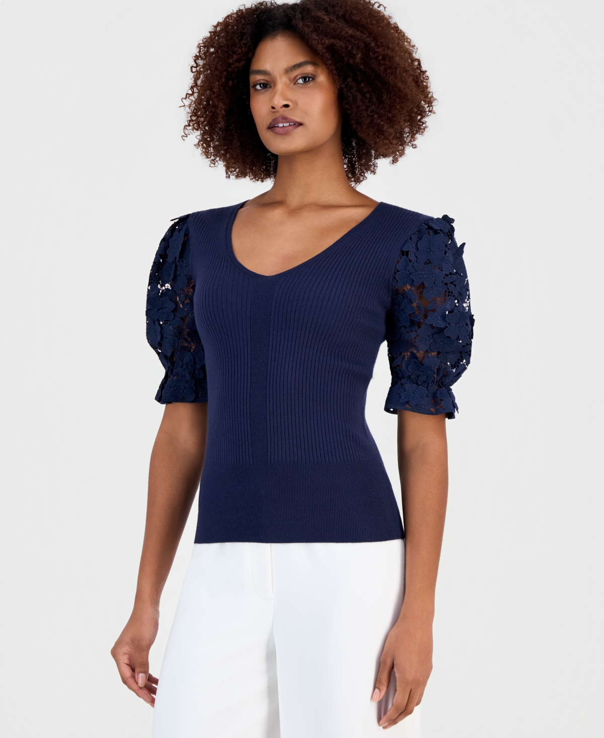 Click here for T Tahari Womens V-Neck Lace-Sleeve Ribbed-Knit Top... prices