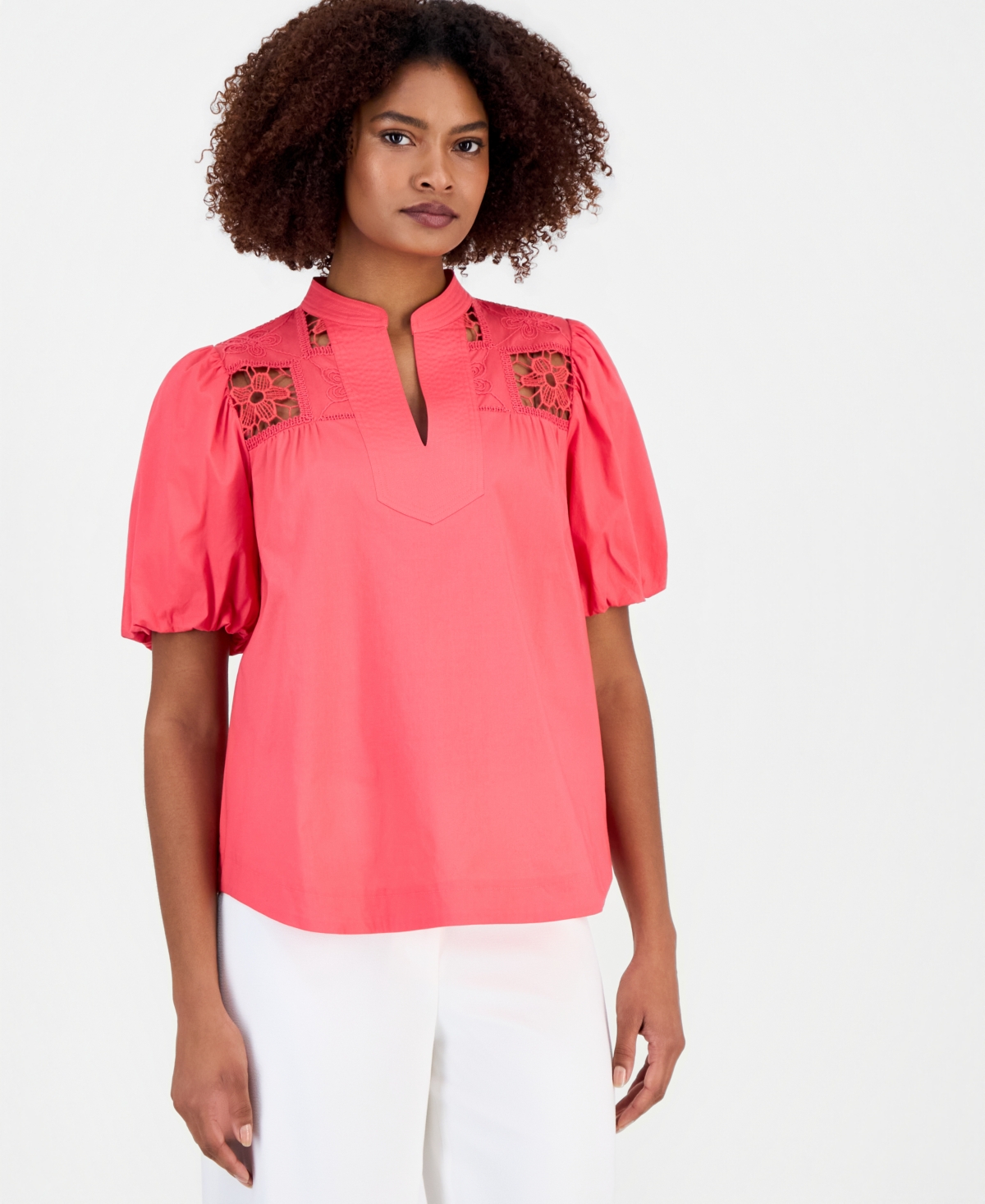 Click here for T Tahari Womens Split-Neck Lace-Yoke Puff-Sleeve T... prices