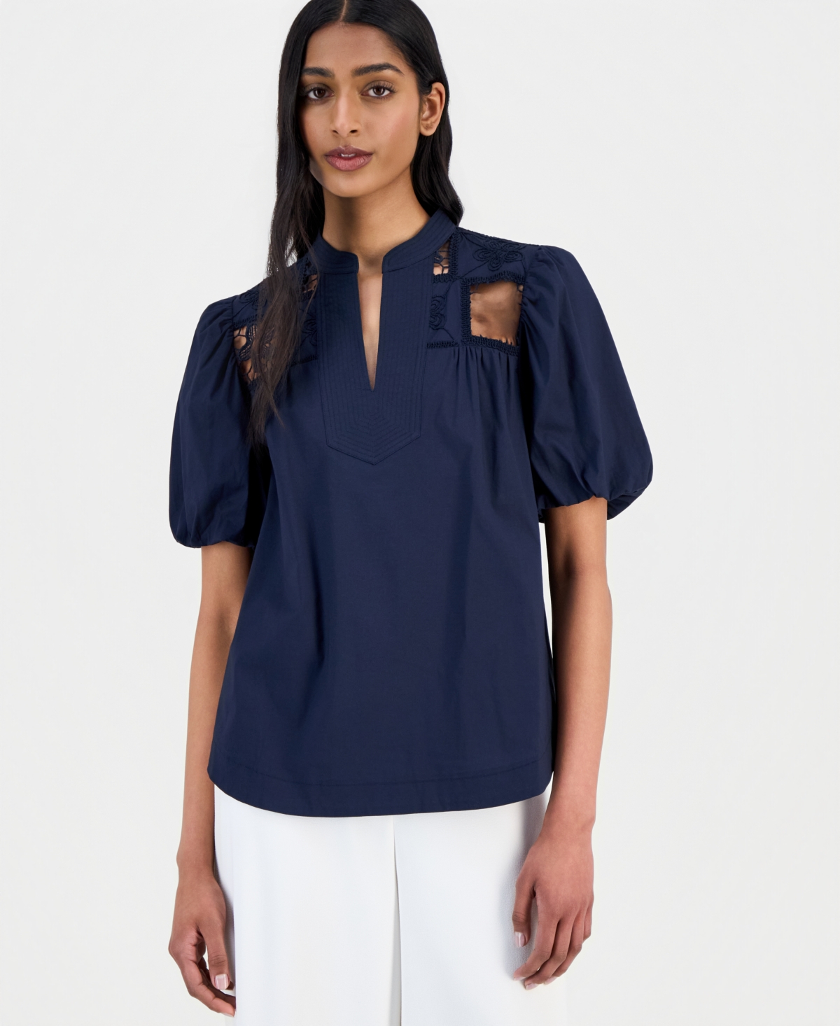 Click here for T Tahari Womens Split-Neck Lace-Yoke Puff-Sleeve T... prices