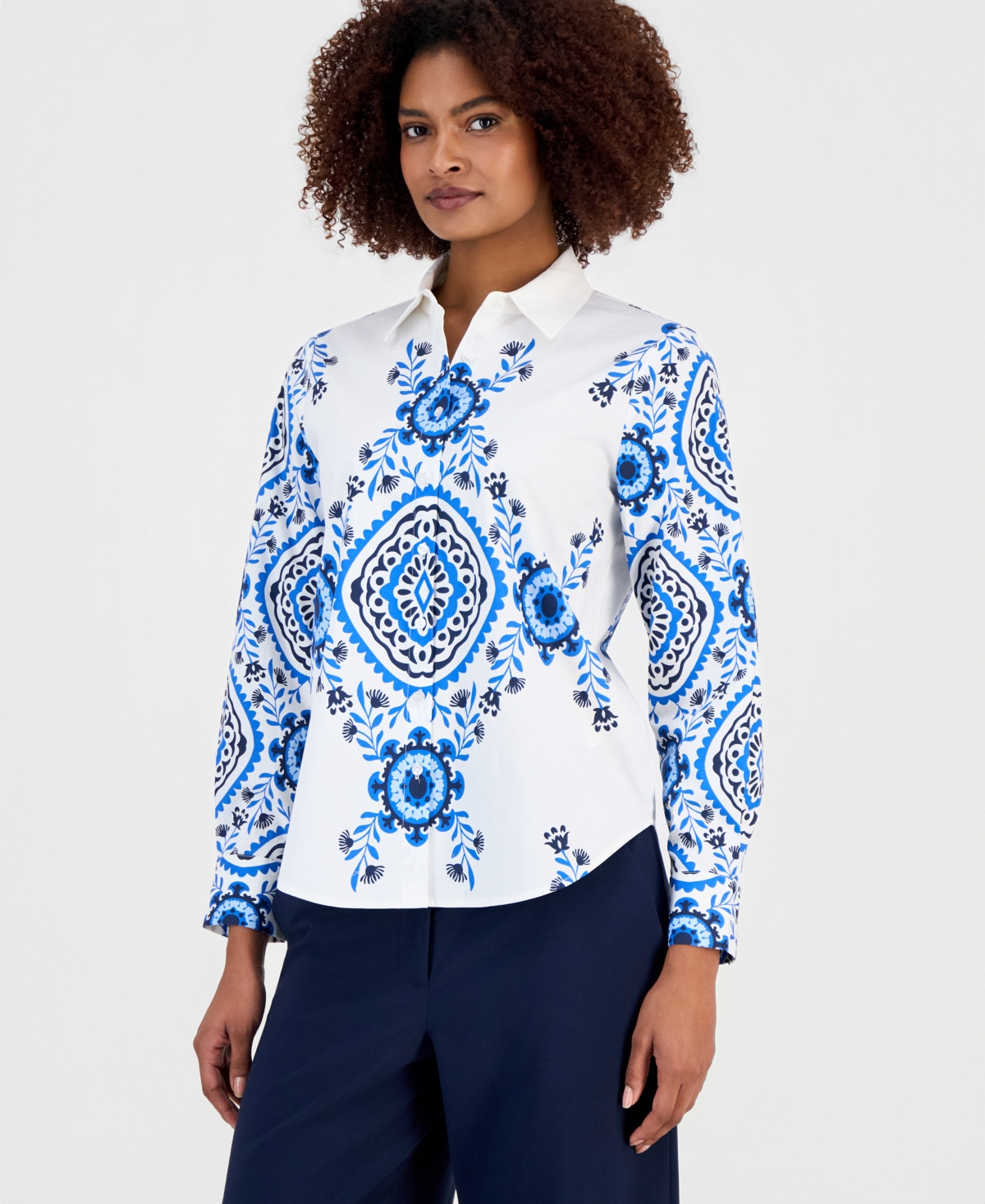 Click here for T Tahari Womens Printed Button-Front Long-Sleeve S... prices