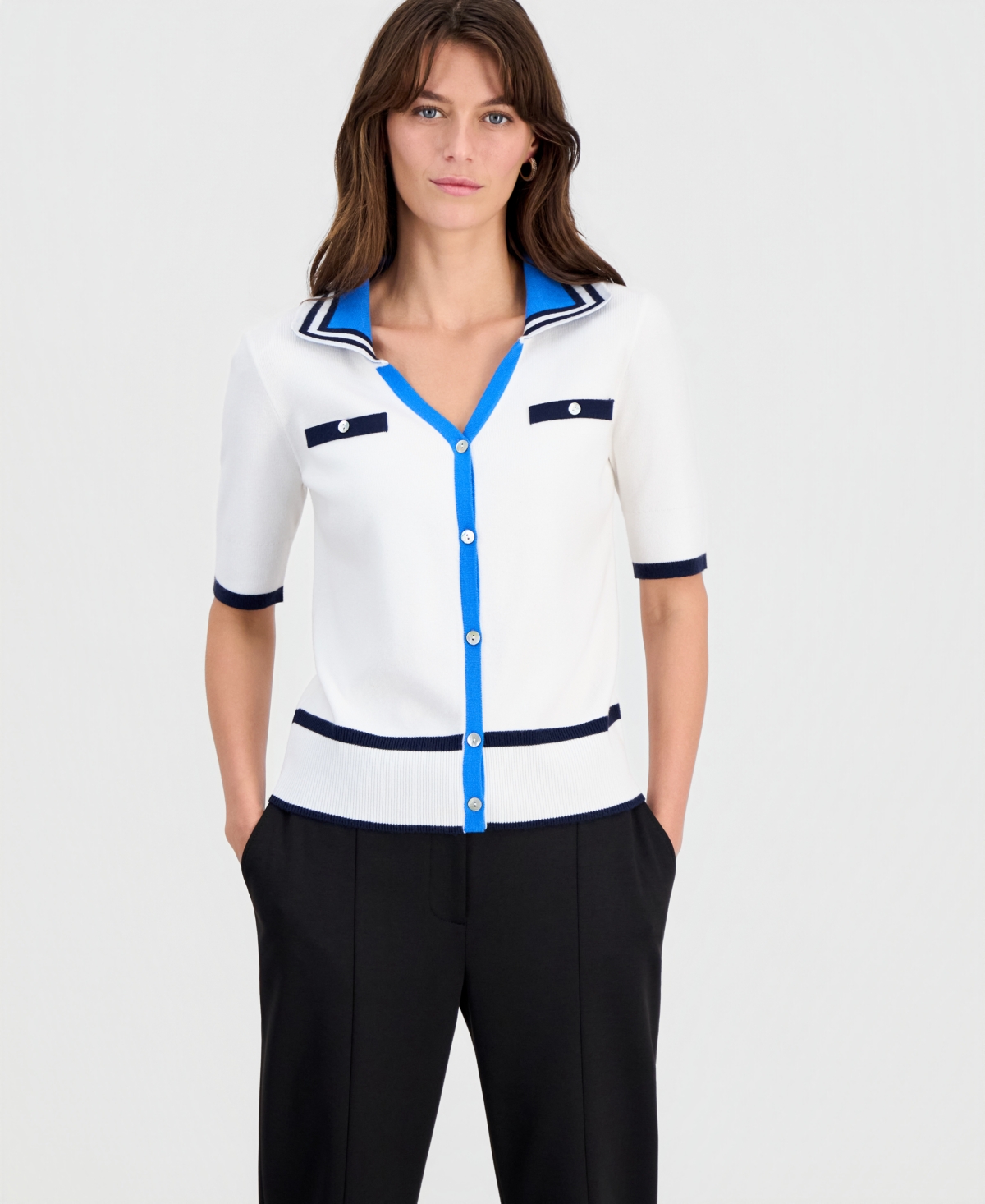 Click here for T Tahari Womens Contrast-Trim Johnny Collar Pullov... prices