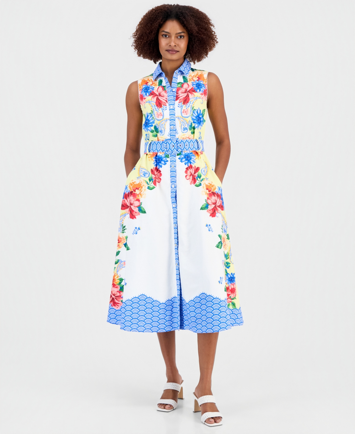 Click here for T Tahari Womens Printed Sleeveless Midi Shirtdress... prices