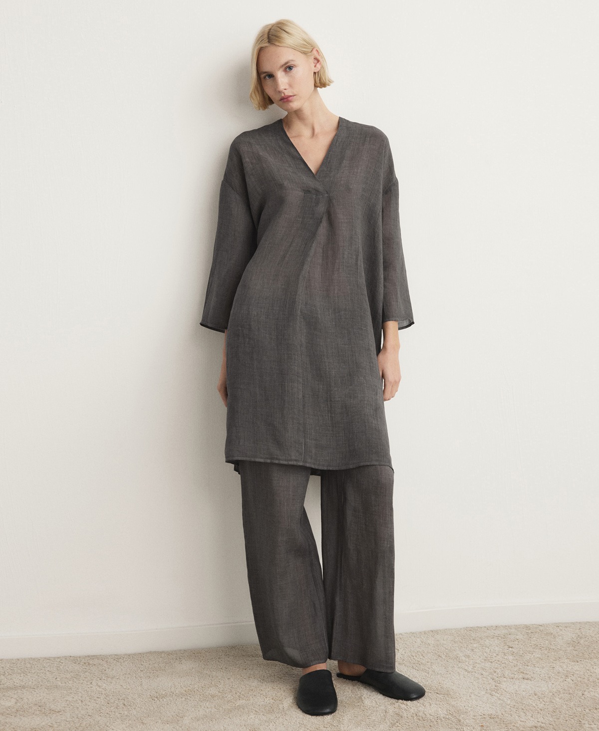 Click here for Mango Womens Ramie Overdyed Effect Pants - Charcoa... prices