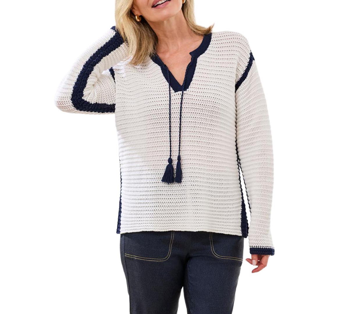 Click here for Tribal Womens Notch Collar Sweater - White prices