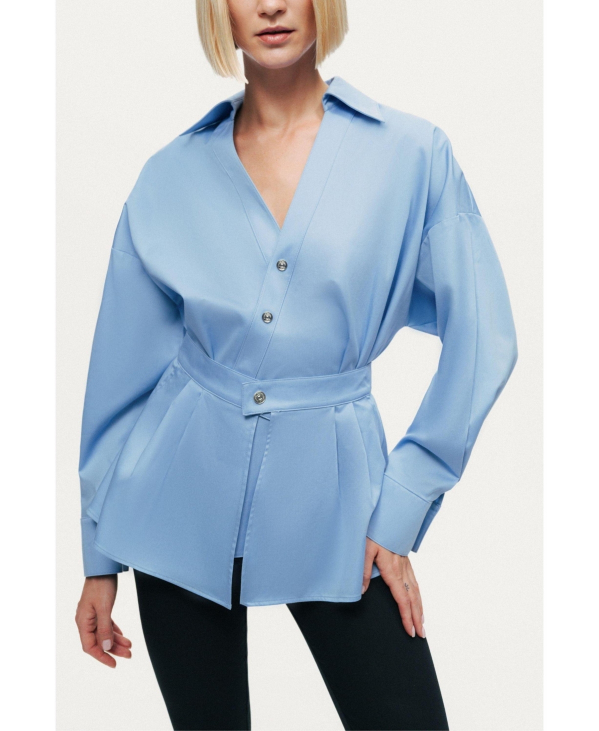 Click here for Nocturne Womens Belted V-Neck Poplin Shirt - Blue prices