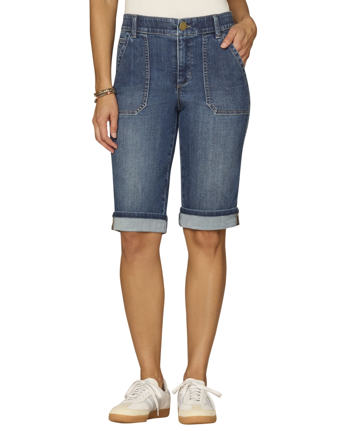 Click here for Democracy Petite Mid-Rise Bermuda Shorts - Mid Blu... prices