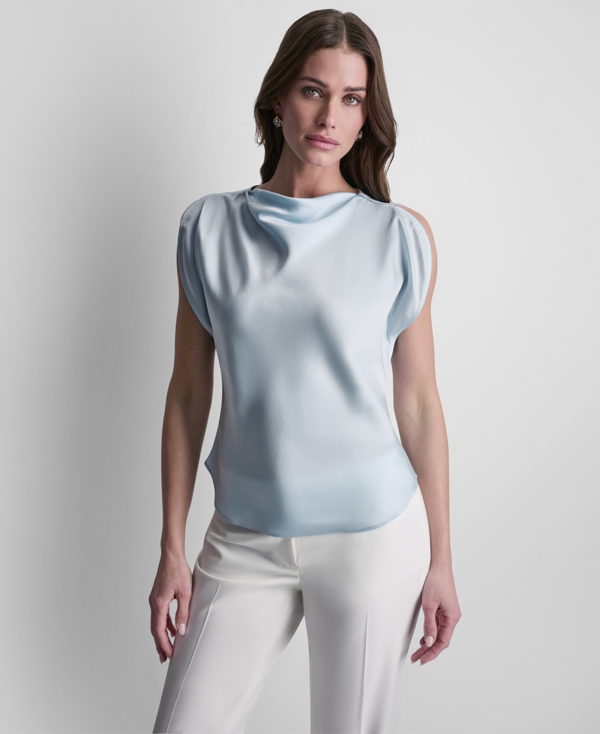Click here for Dkny Petite Flutter Cowl Neck Blouse - Light Blue prices