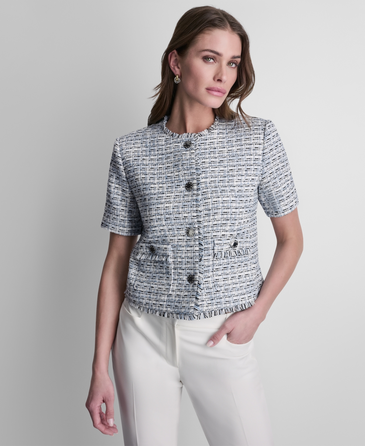 Click here for Dkny Petite Tweed Cropped Button Front Jacket - Bl... prices