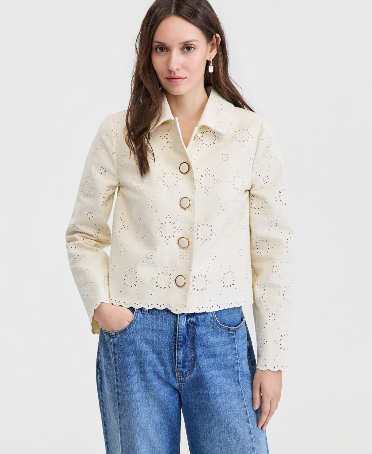 Click here for On 34th Womens Cotton Eyelet Scallop Hem Jacket  M... prices