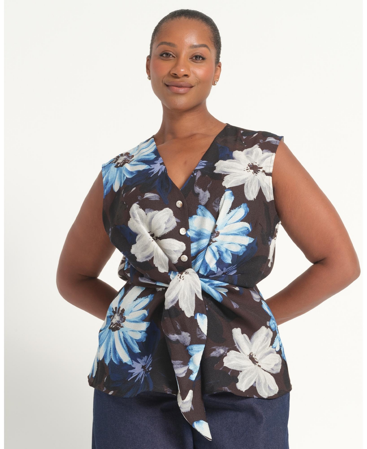 Click here for Estelle Plus Size Aveline Floral Tie-Front Sleevel... prices