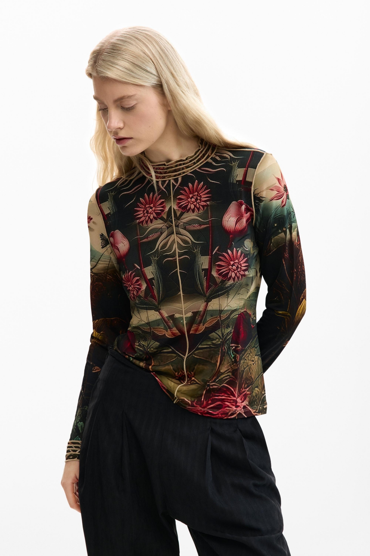 Click here for Desigual Womens Printed high neck t-shirt - Black prices