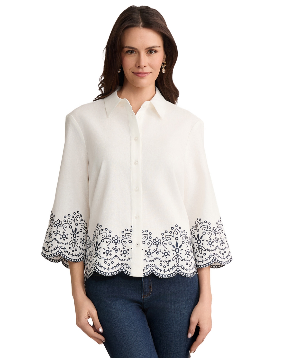 Click here for Jones New York Petite Collared Button Front Top -... prices