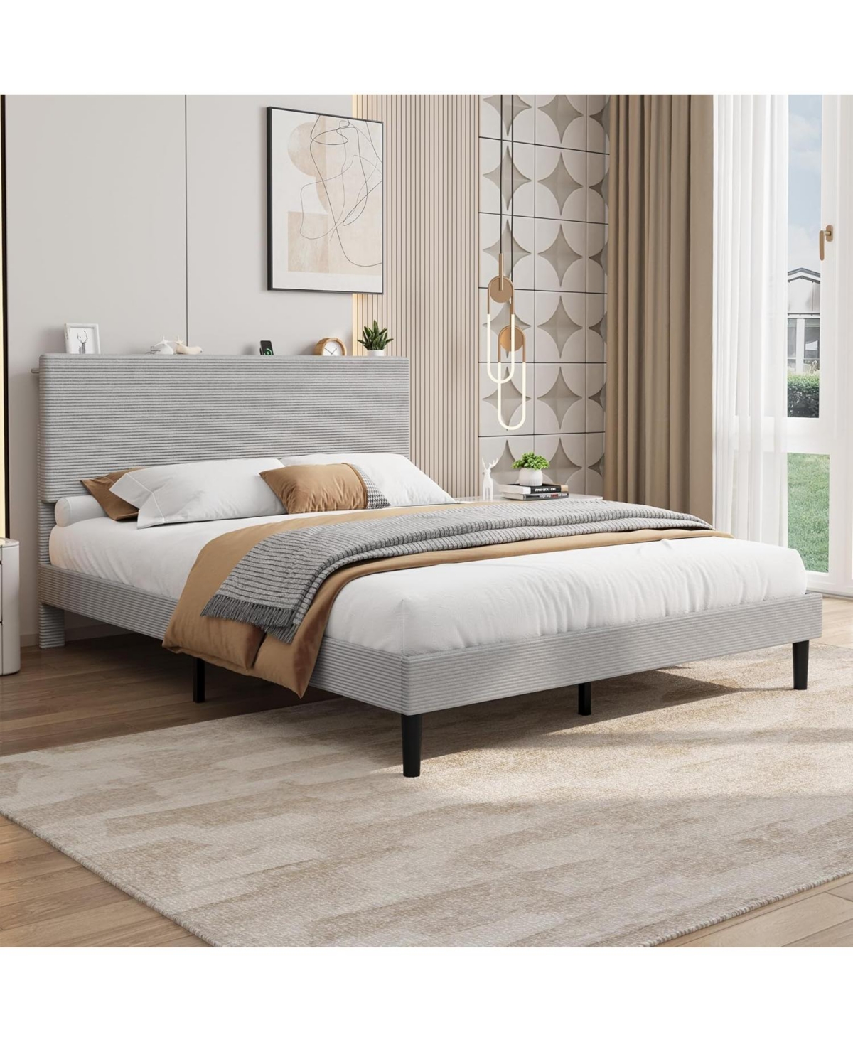 Click here for gaomon Bed Frame with Charging Station  Corduroy U... prices