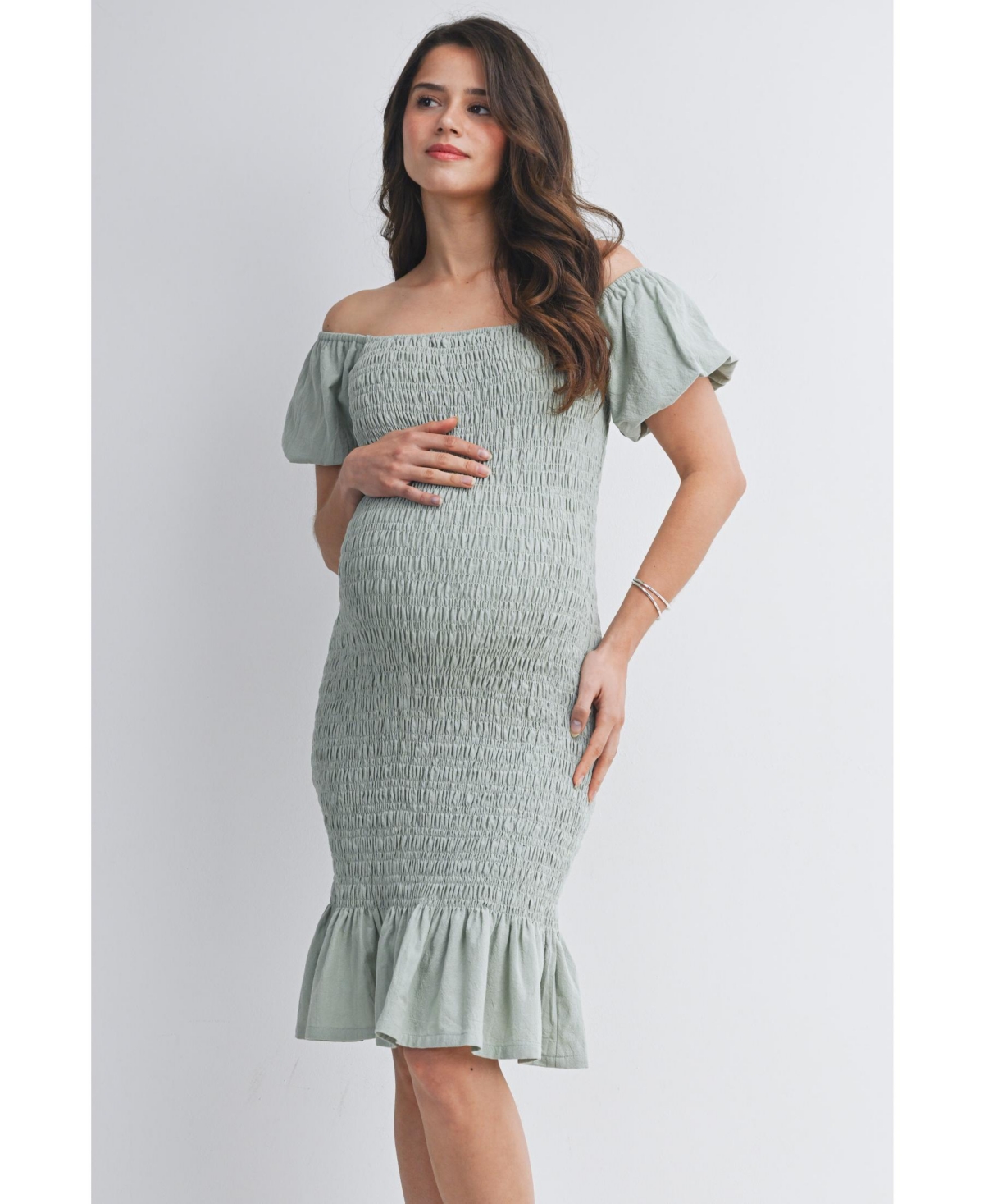 Click here for Hello Miz Maternity Off-the-Shoulder Smocked Bodyc... prices