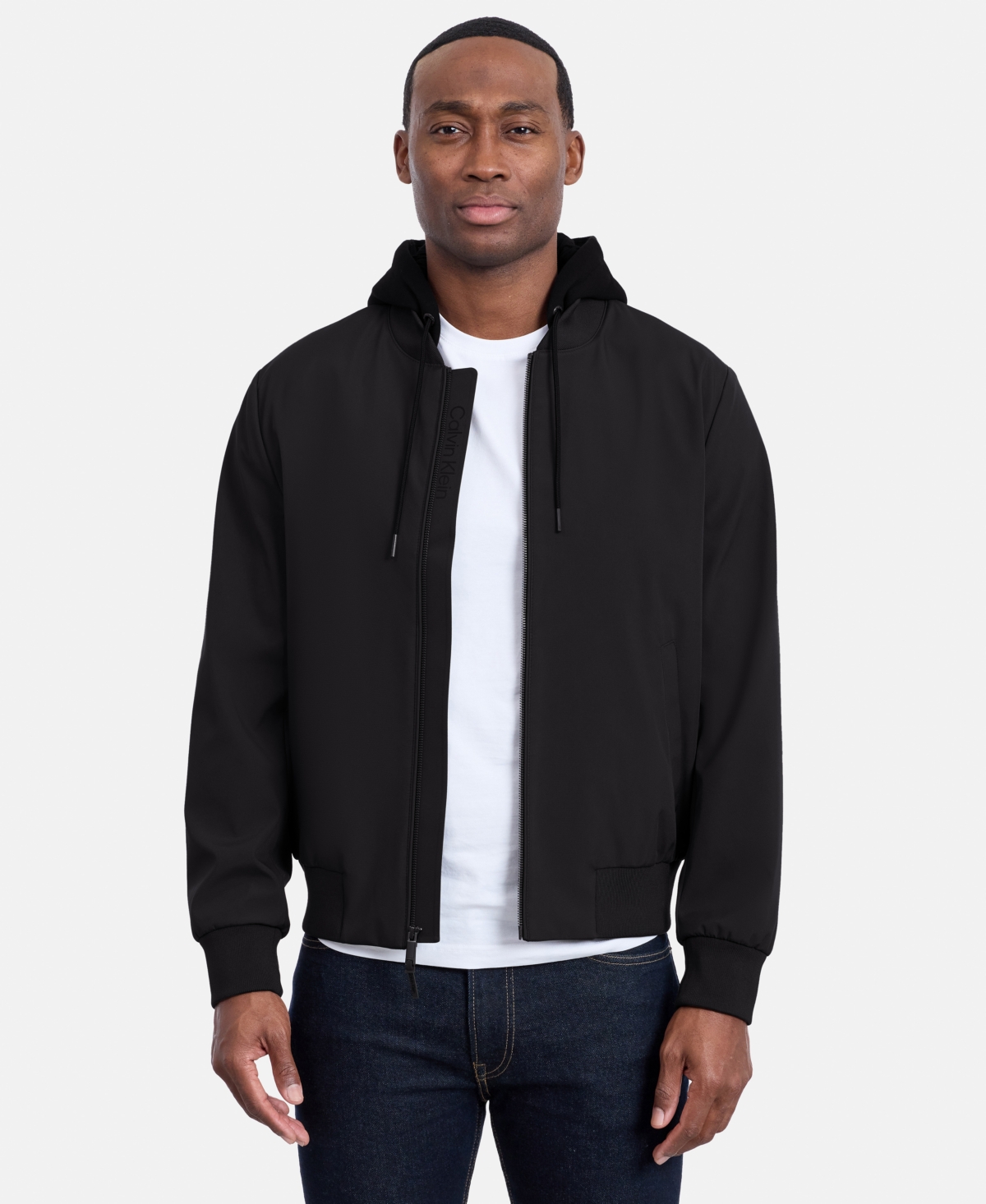 Click here for Calvin Klein Mens Bomber Knit Hood Jacket - Black prices