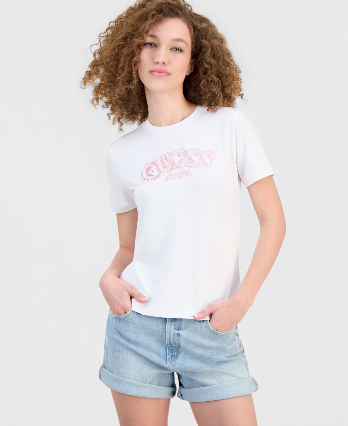 Click here for Guess Womens Leona Crewneck Logo T-Shirt - Pure Wh... prices