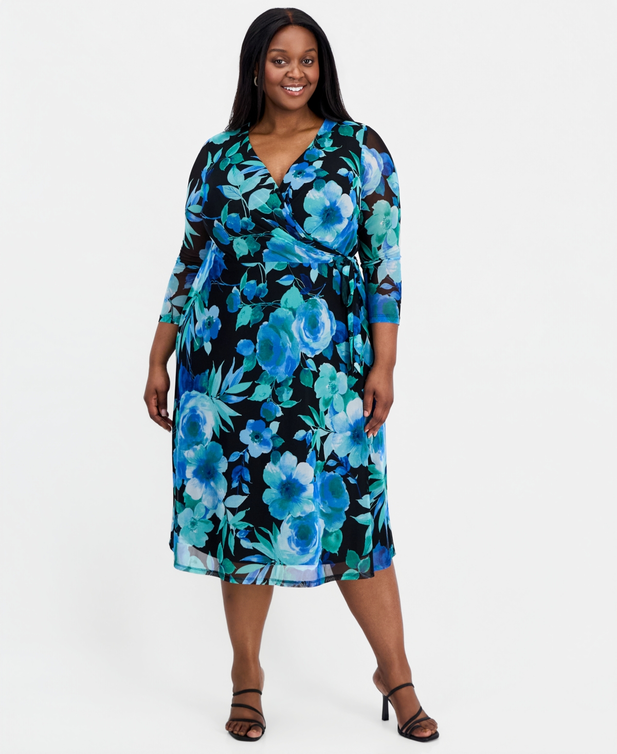 Click here for Connected Plus Size Printed Faux-Wrap Midi Dress -... prices