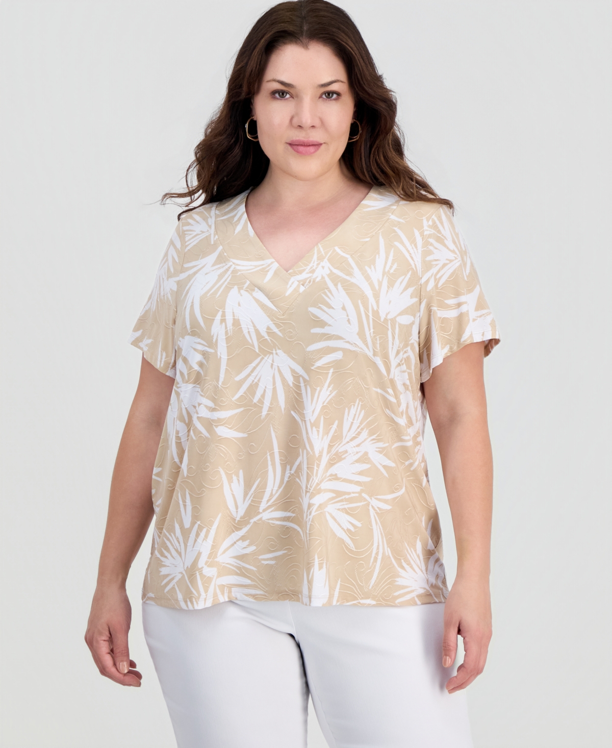 Click here for Jm Collection Plus Size Palm Print V-Neck Flutter-... prices