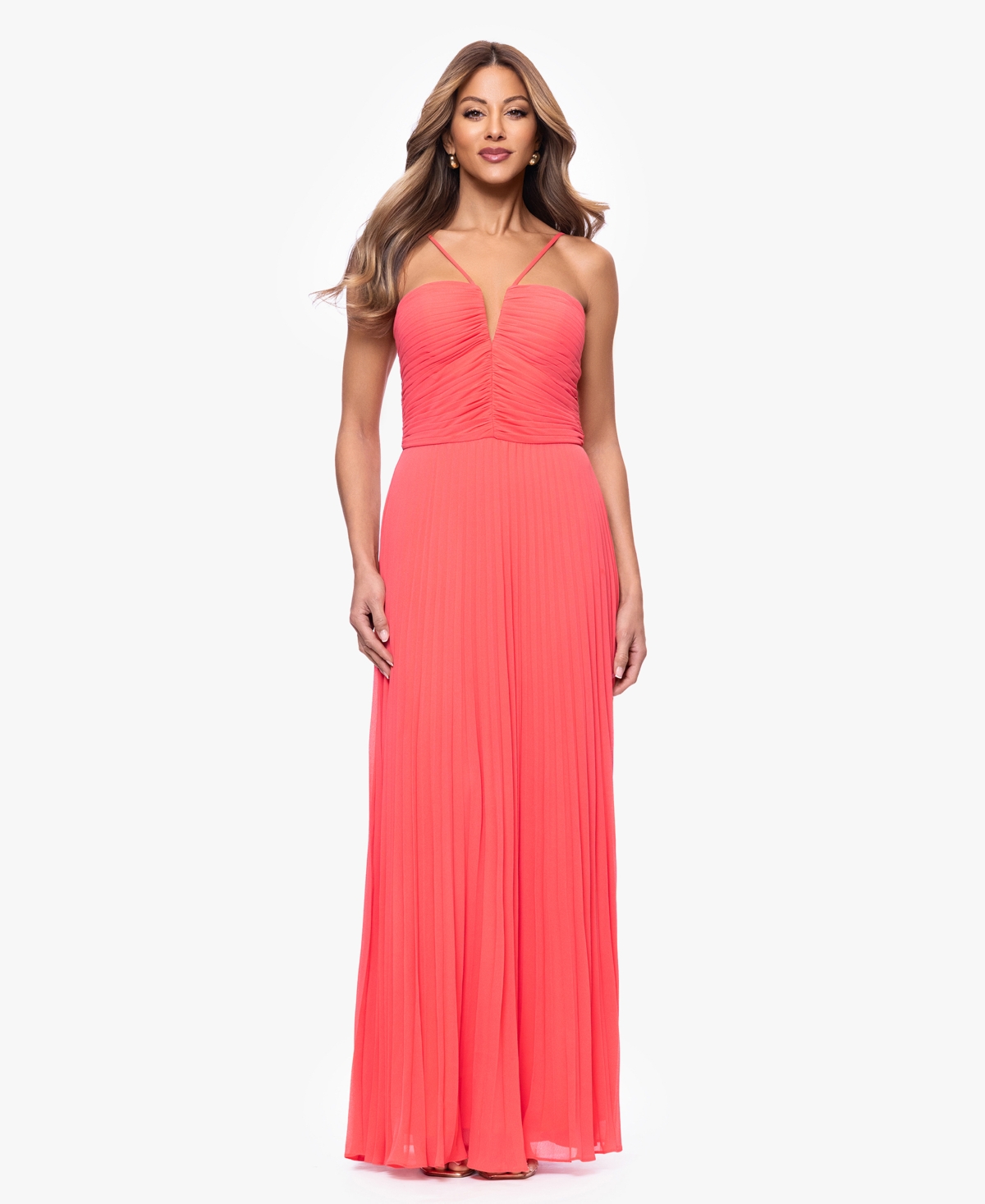 Click here for Xscape Womens V-Neck Pleated Sleeveless Gown - Cor... prices