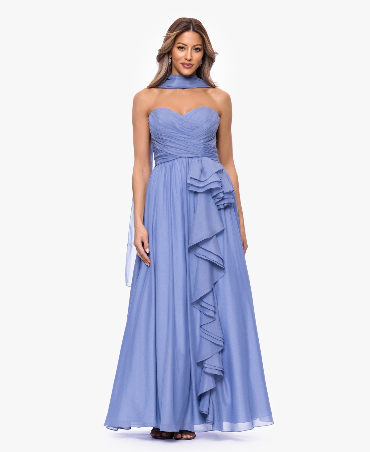 Click here for Xscape Womens Scarf Detail Strapless Gown - Slate prices