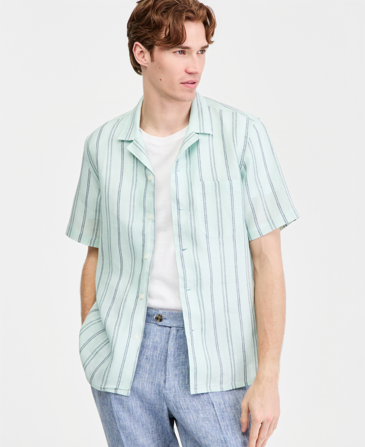Click here for Club Room Mens Textured Stripe Linen Short-Sleeve... prices