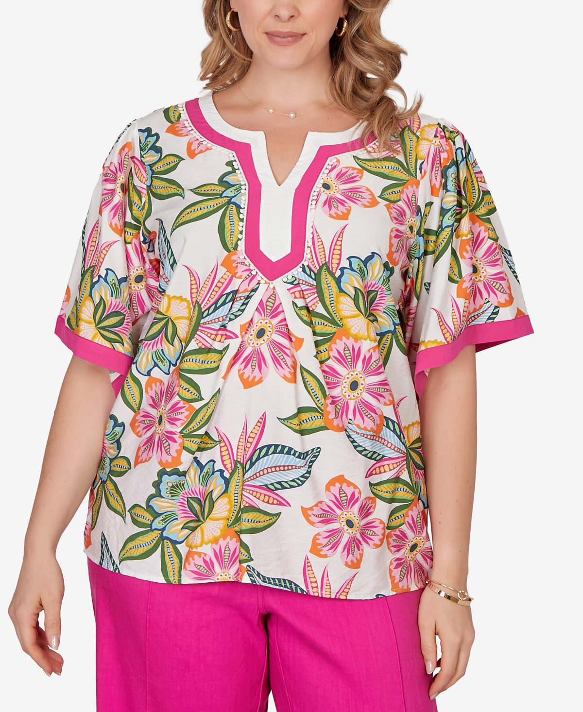 Click here for Ruby Rd. Plus Size Tropical Floral Trim Detail Top... prices