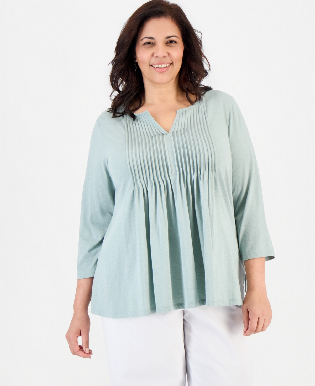 Click here for Style & Co Plus Size Pintucked Split-Neck 3/4-Slee... prices