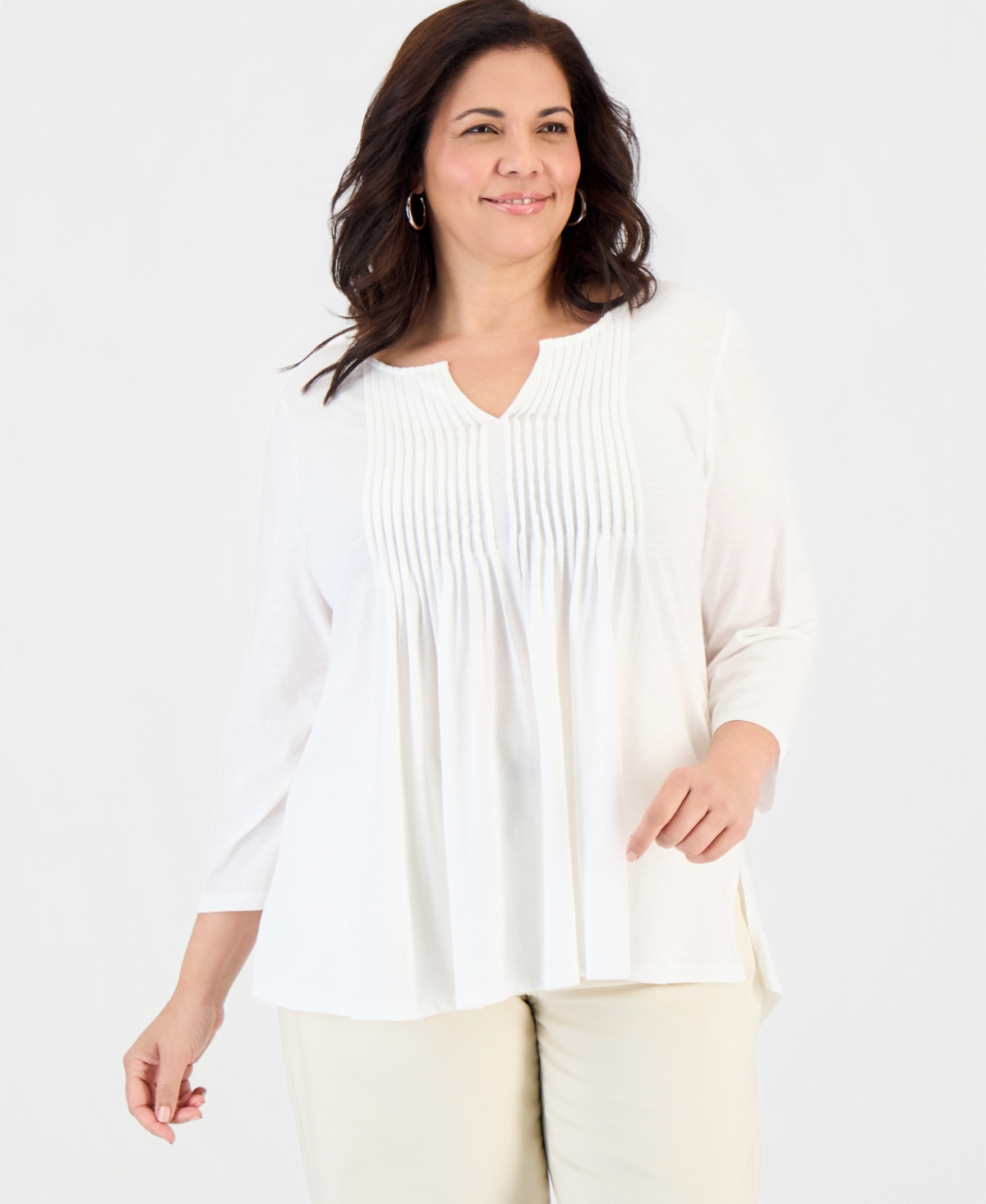 Click here for Style & Co Plus Size Pintucked Split-Neck 3/4-Slee... prices