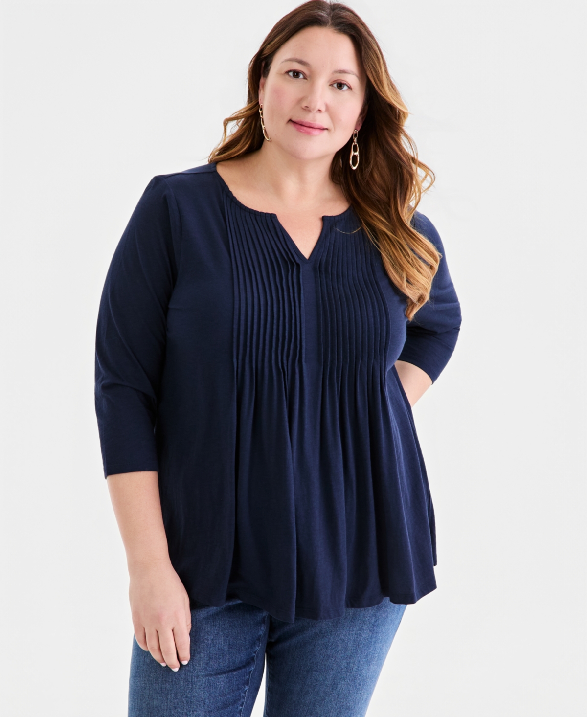 Click here for Style & Co Plus Size Pintucked Split-Neck 3/4-Slee... prices