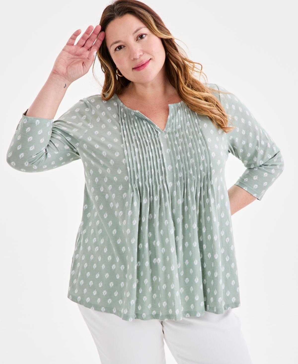 Click here for Style & Co Plus Size Pintucked Split-Neck 3/4-Slee... prices
