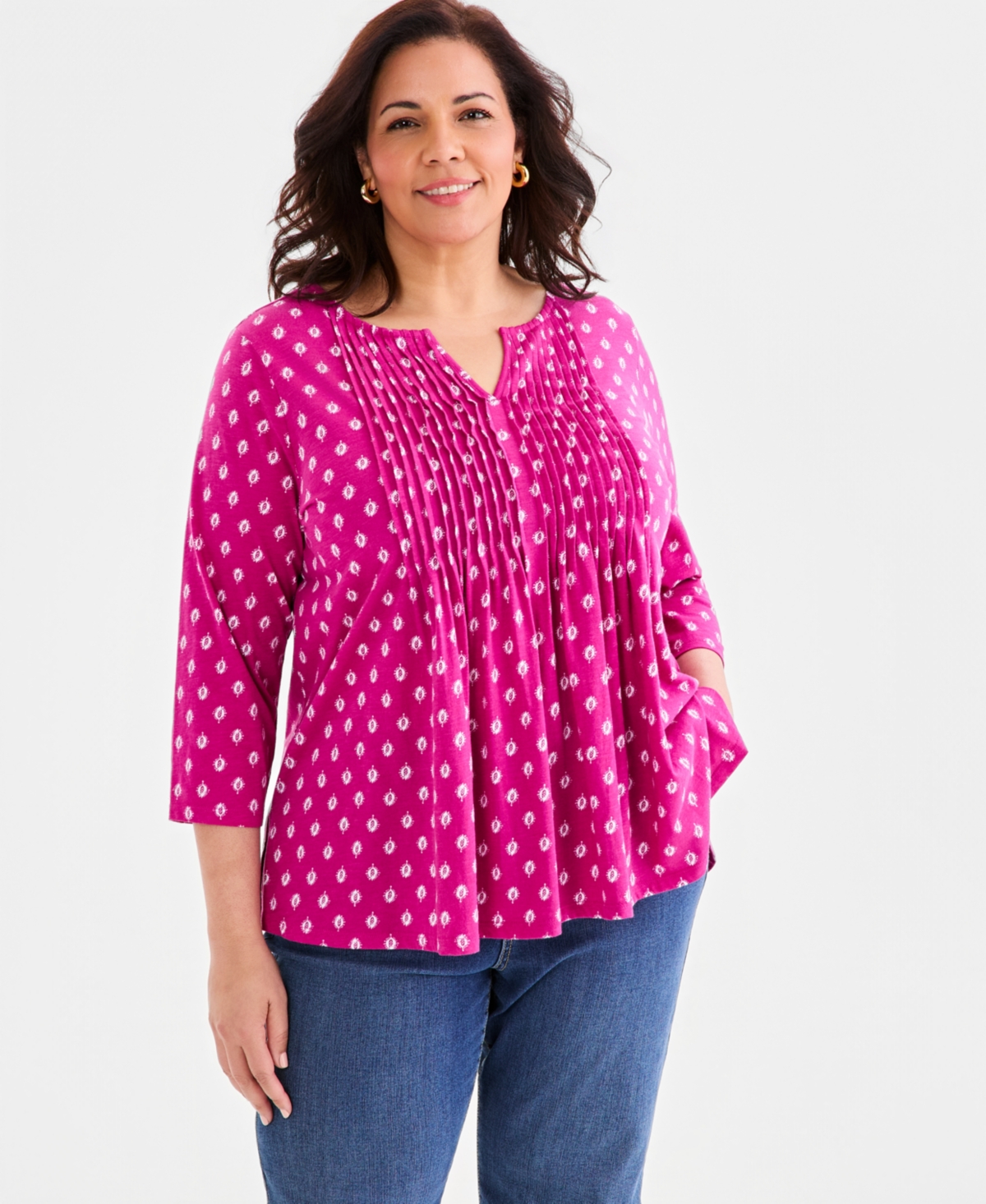 Click here for Style & Co Plus Size Pintucked Split-Neck 3/4-Slee... prices