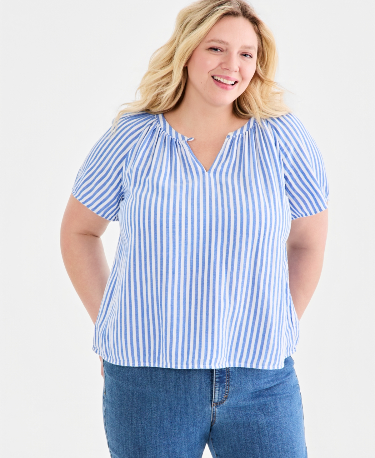 Click here for Style & Co Plus Size Split-Neck Short-Sleeve Top... prices