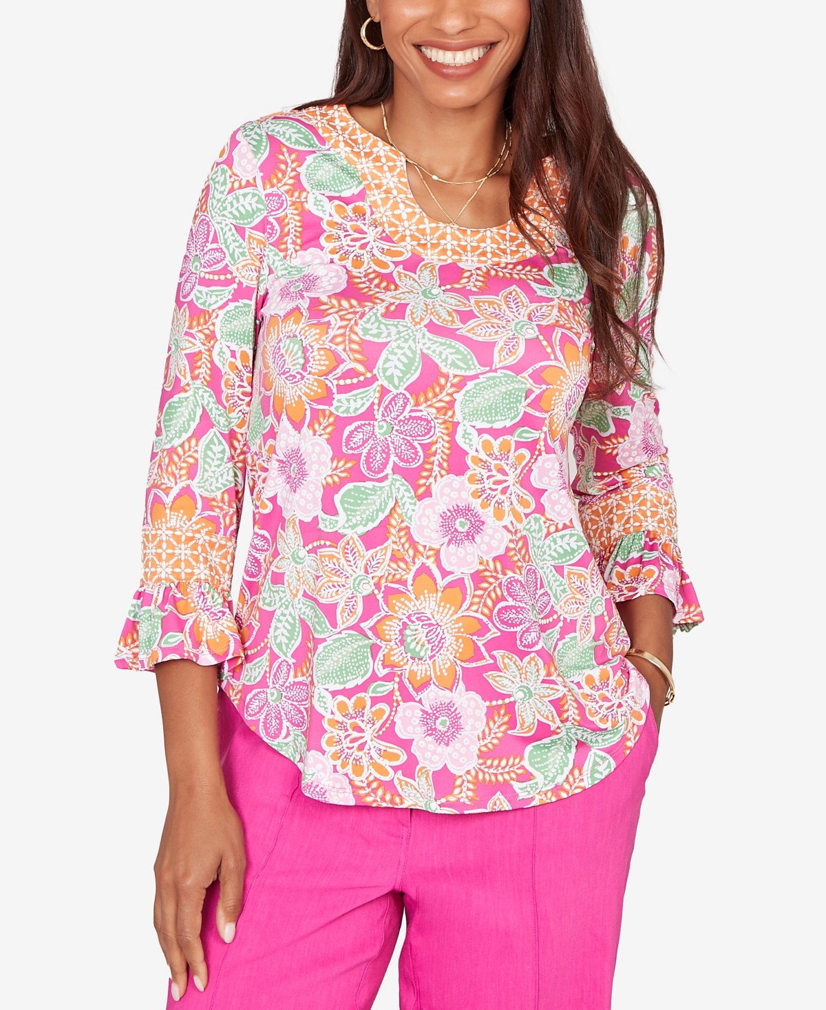 Click here for Ruby Rd. Petite Floral Puff Print Ruffle-Sleeve Kn... prices