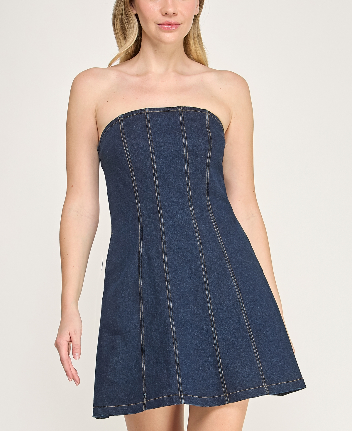 Click here for Rare Womens Denim Strapless Mini Dress - Denim prices