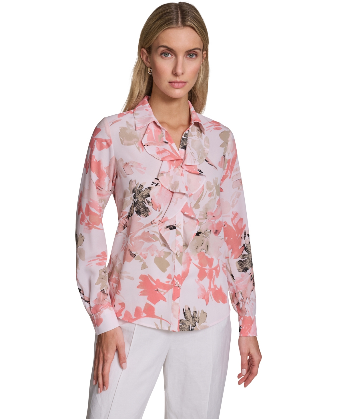 Click here for Calvin Klein Petite Floral-Print Long-Sleeve Blous... prices