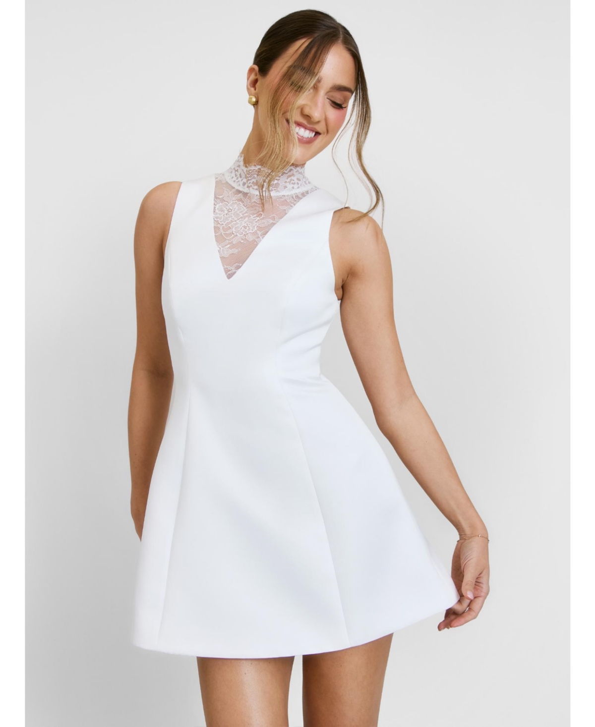 Click here for Six Stories Womens Lace High Neck A-line Mini Dres... prices