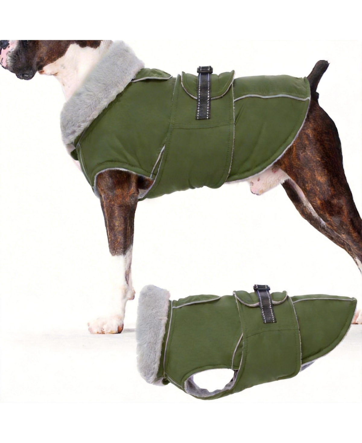 Aronkl Reflective Waterproof Dog Jacket with Fur Collar & Adjustable Buckle for Cold Weather - Army green