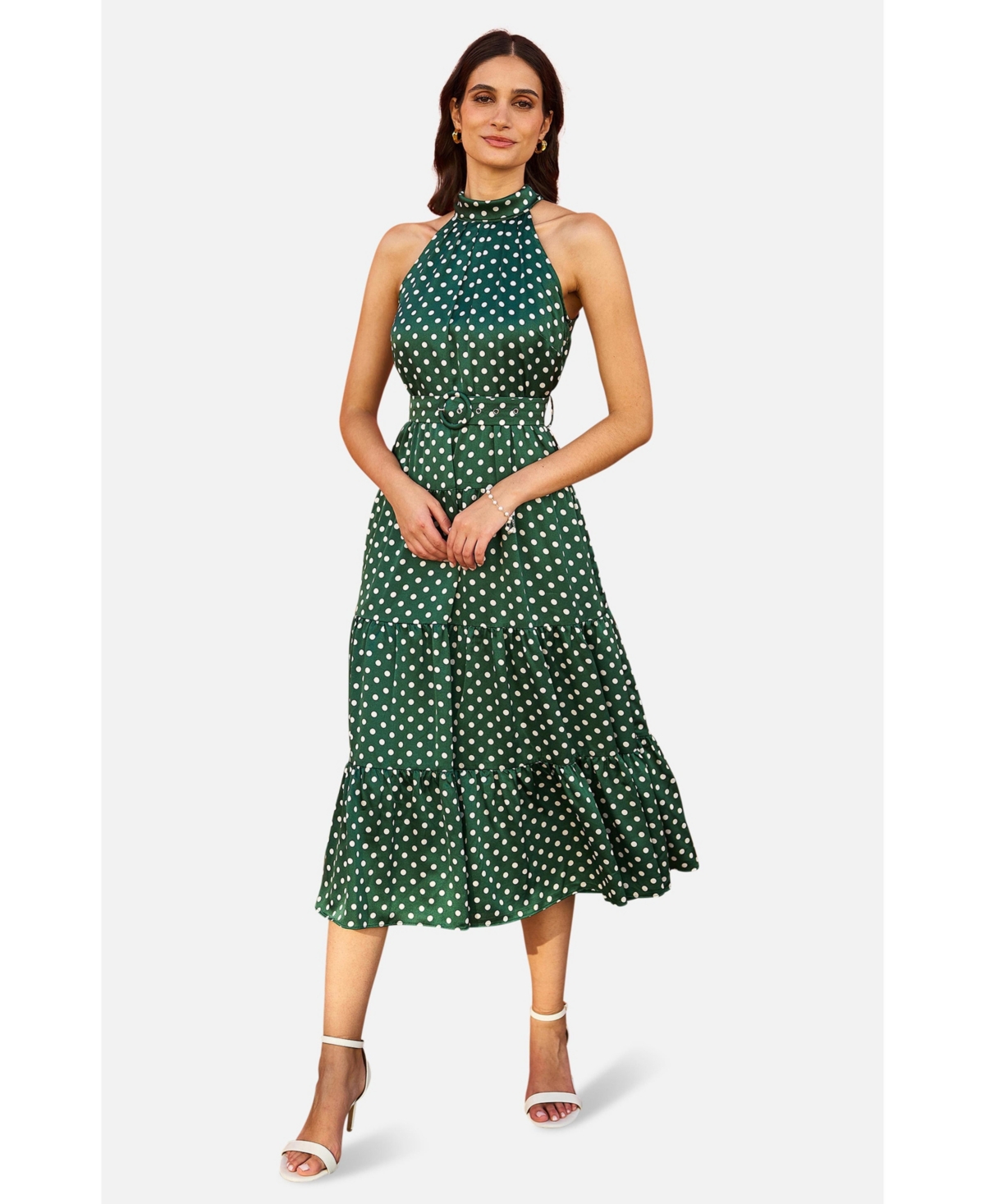 Click here for Yumi Womens Spot Print Halter Midi Dress - Green prices