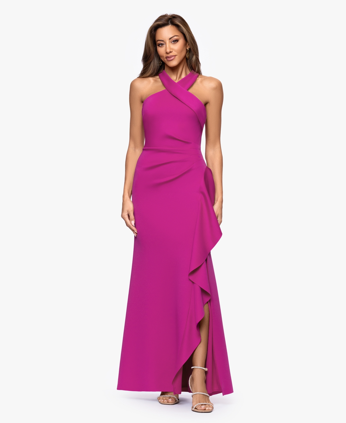 Click here for Xscape Petite Cross-Neck Ruffle Gown - Orchid prices