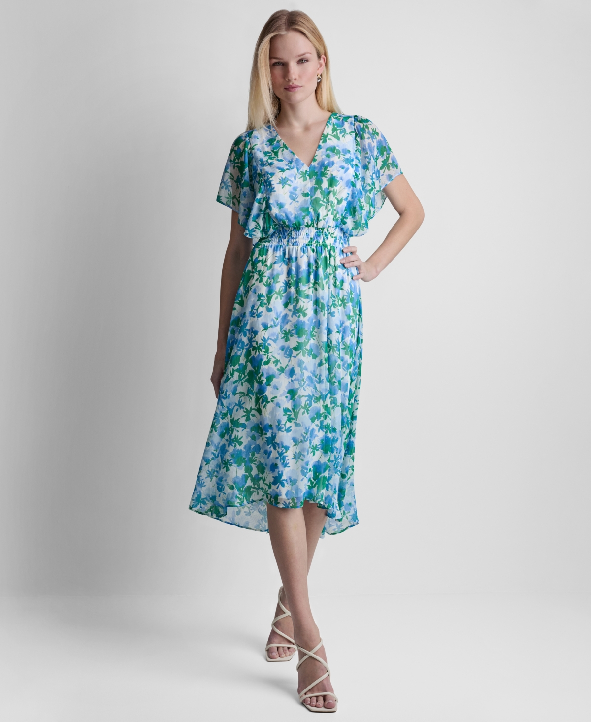 Click here for Dkny Womens Flutter-Sleeve V-Neck Smocked Waist Hi... prices