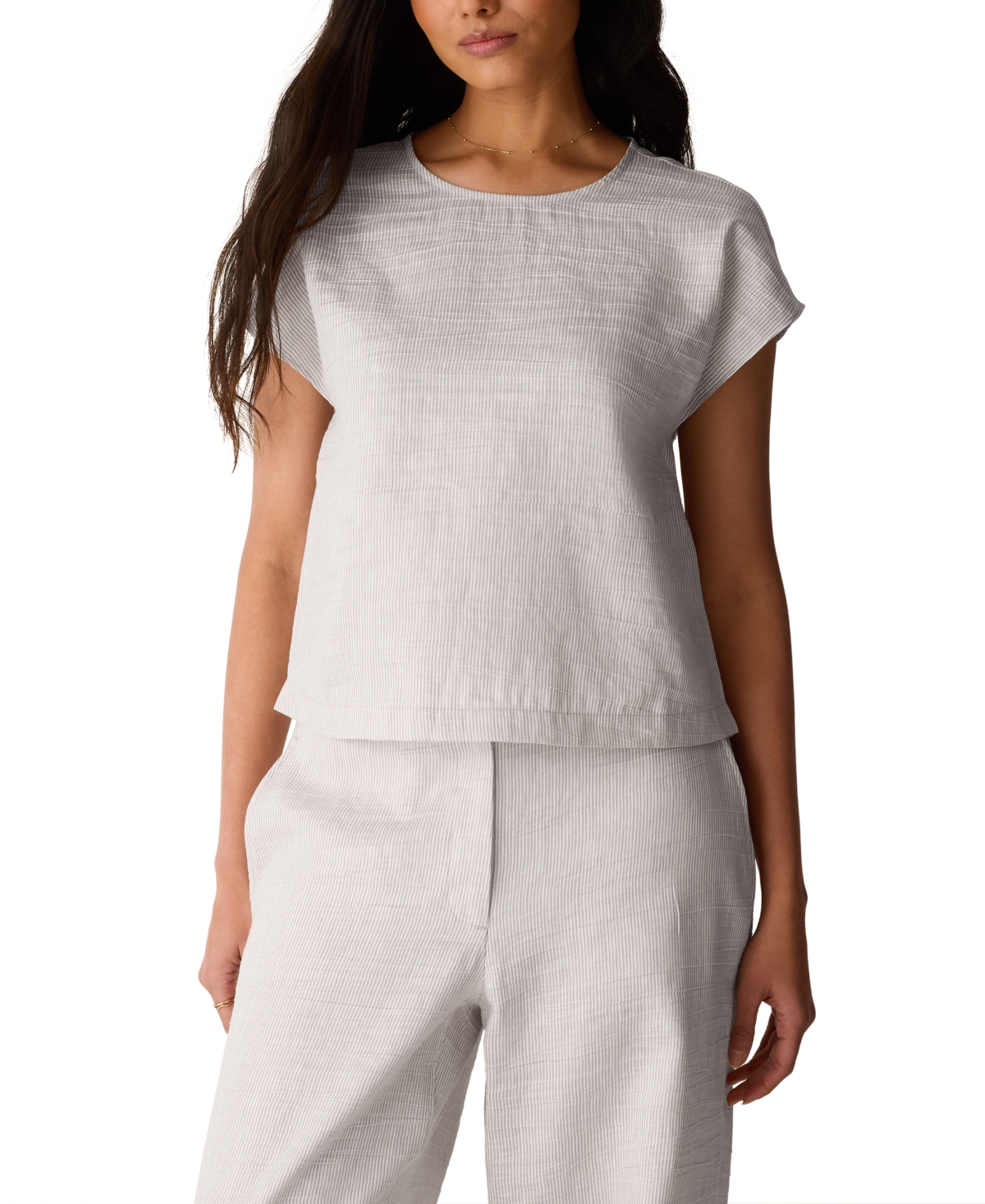 Click here for Eileen Fisher Womens Crinkle Round Neck Striped Sq... prices