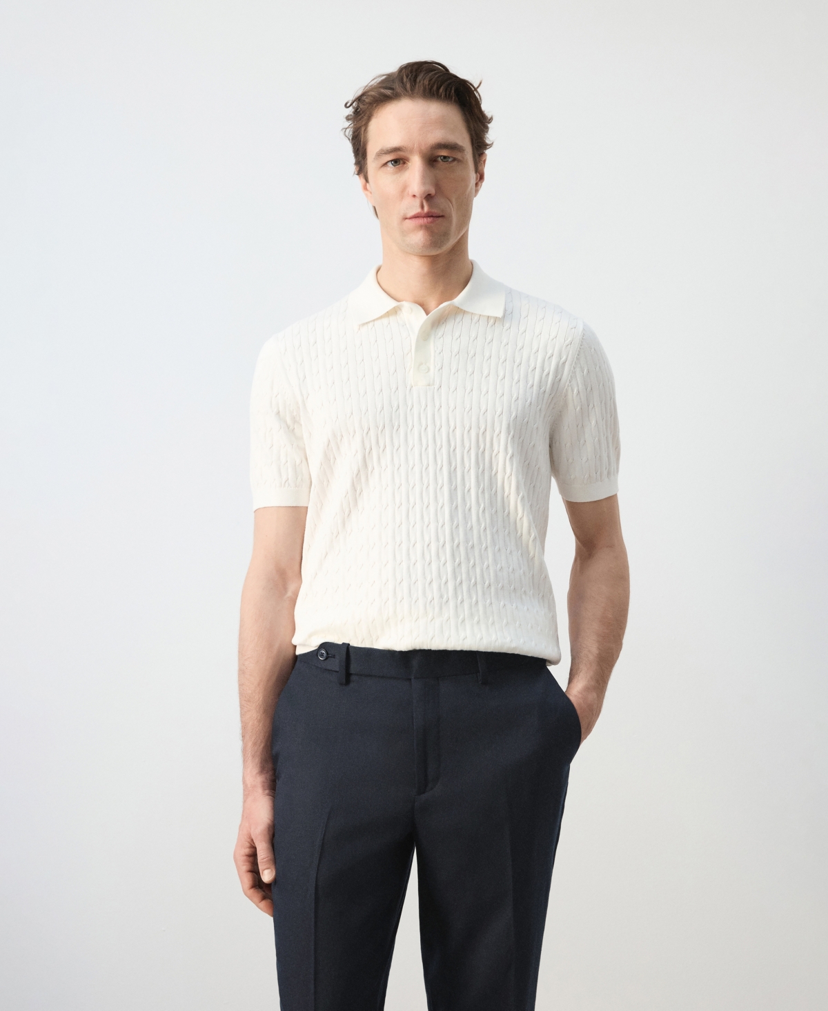 Click here for Mango Mens Cotton Braided Knitted Polo Shirt - Off... prices