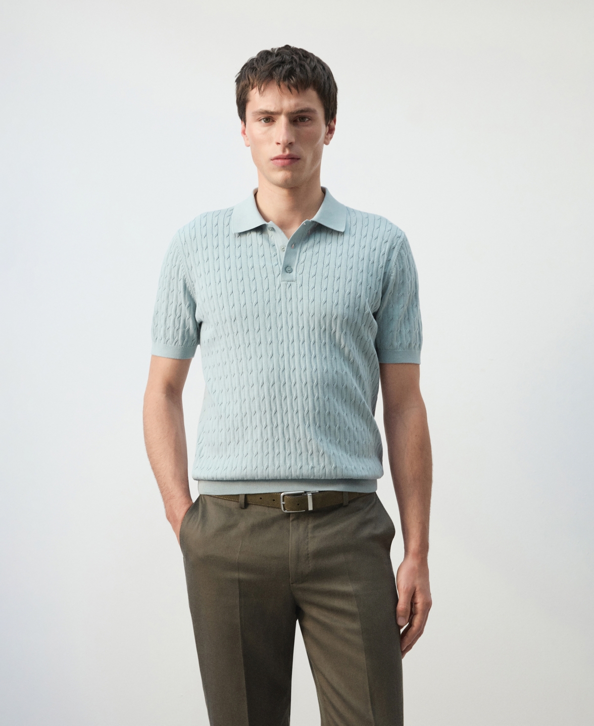 Click here for Mango Mens Cotton Braided Knitted Polo Shirt - Aqu... prices